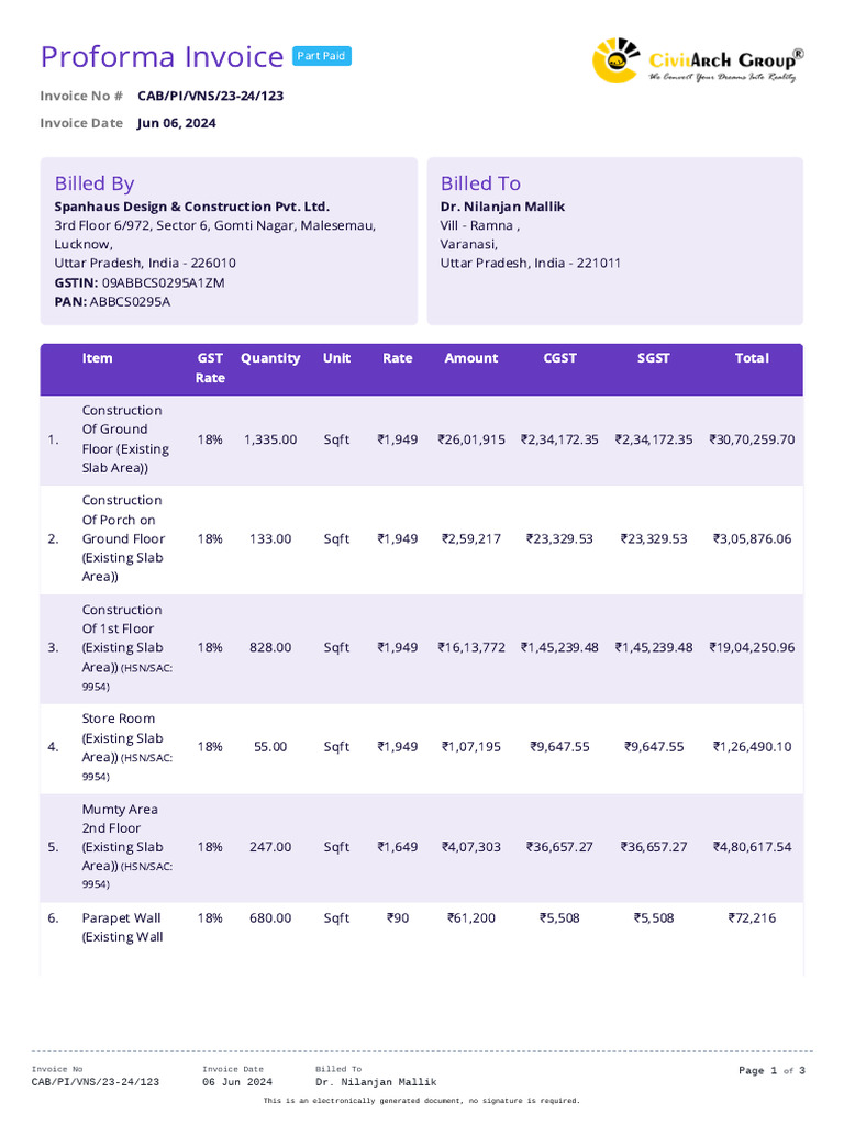 Proforma Invoice for Construction Services | PDF | Payments | Rupee