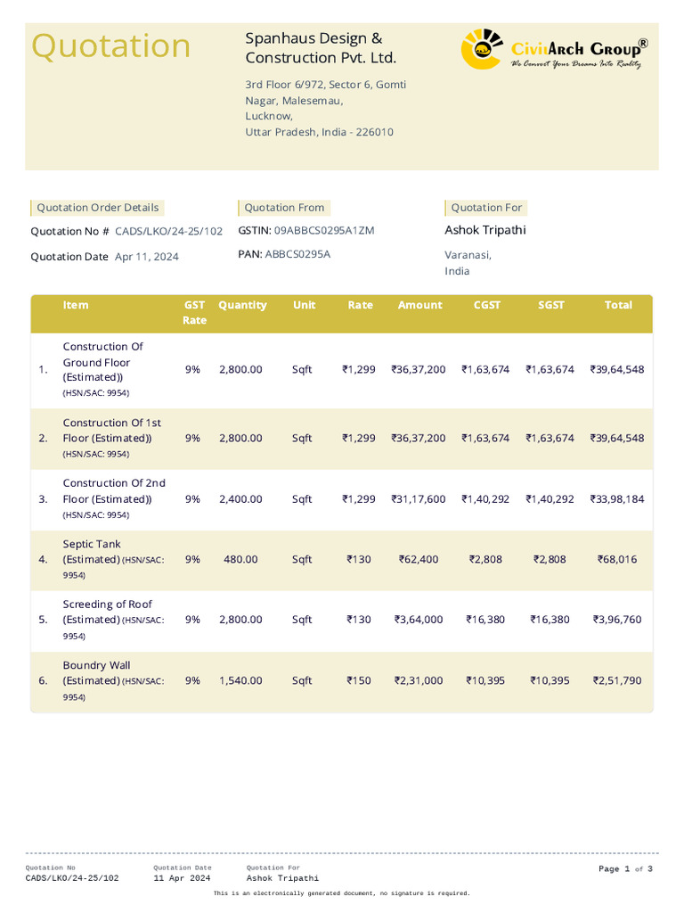 Quotation Cadslko24 25102 Spanhaus Design and Construction PVT LTD Ashok Tripathi | PDF ...