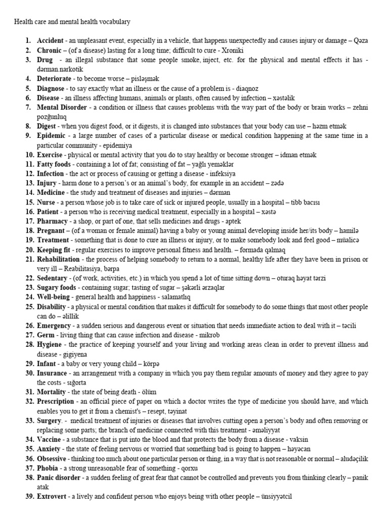 Health Care and Mental Health Vocabulary (1) | PDF | Mental Health ...