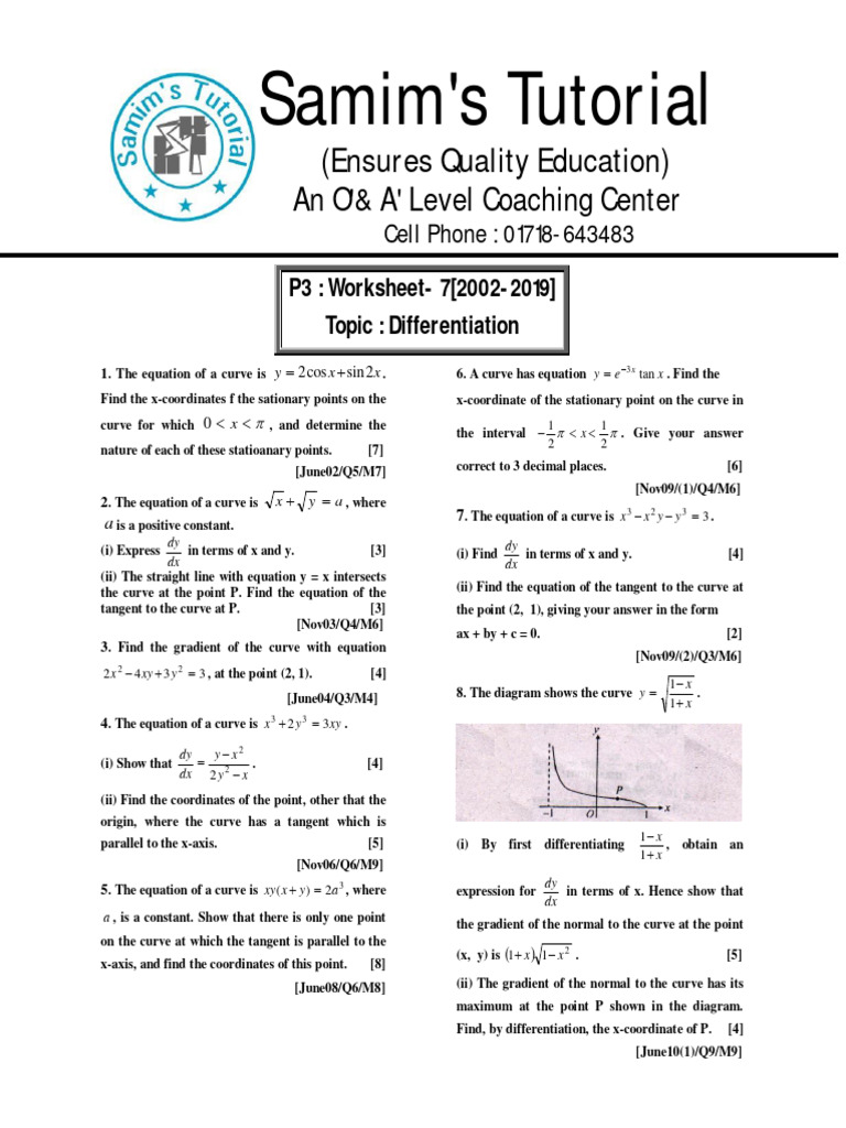 Worksheet 7 Differentiation | PDF | Elementary Mathematics ... Worksheet 7 Differentiation | PDF | Elementary Mathematics ...