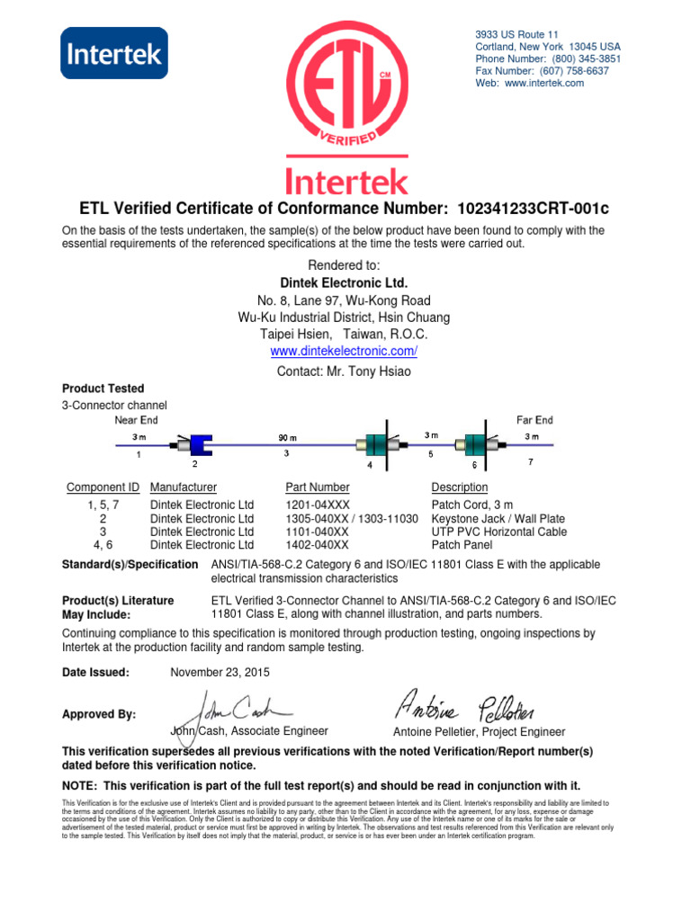 Cat.6 3 Connector Channel Certificate | PDF