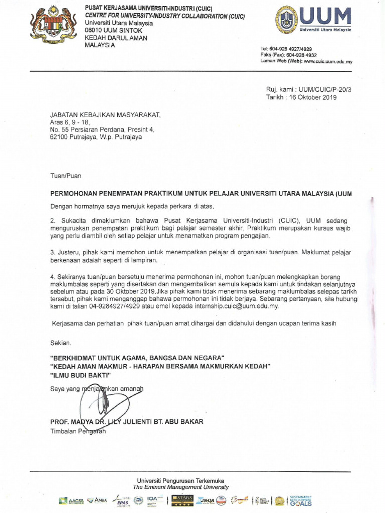 Surat Permohonan Penempatan Praktikum Untuk Pelajar UUM Program | PDF