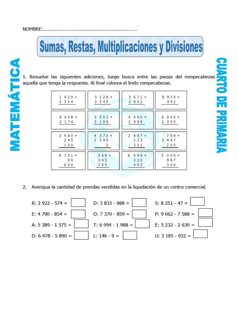 Ficha Sumas Restas Multiplicaciones y Divisiones para Cuarto de ...