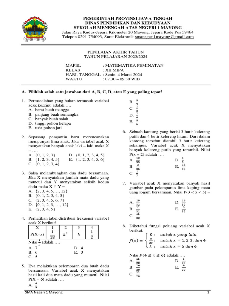 Soal Pat Mat Minat Xii Mipa 2024 | PDF