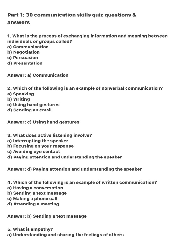 Part 1: 30 Communication Skills Quiz Questions & | PDF | Communication ...