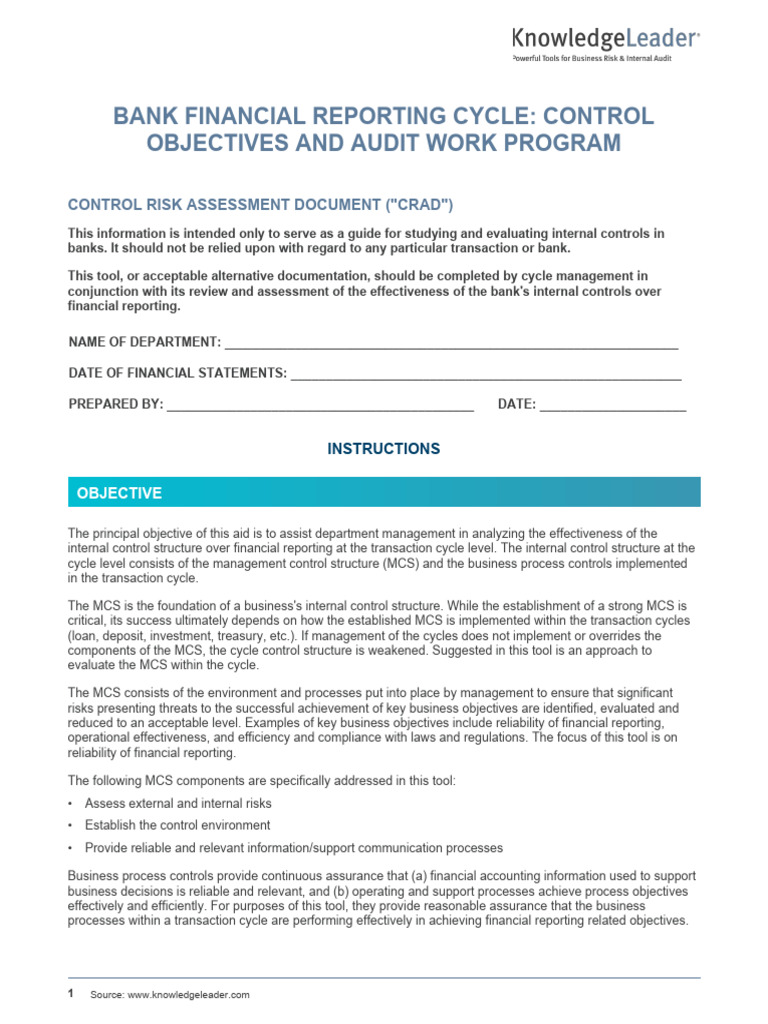 Bank Internal Control Audit Guide | PDF | Internal Control | Financial ...