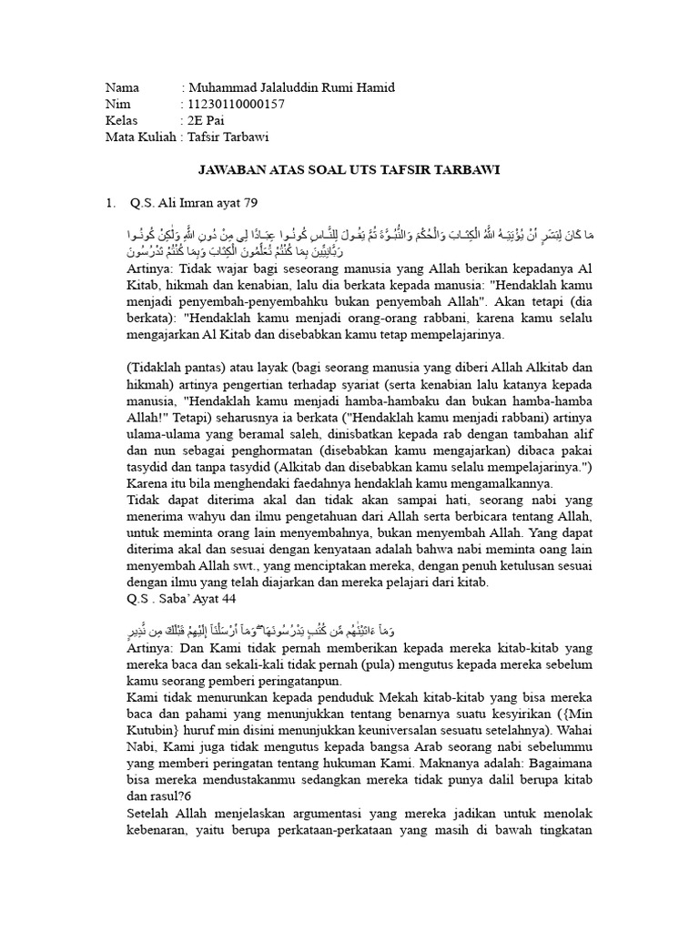 Uts Tafsir Tarbawi Muhammad Jalaluddin Rumi Hamid | PDF | Kajian Bahasa Asing