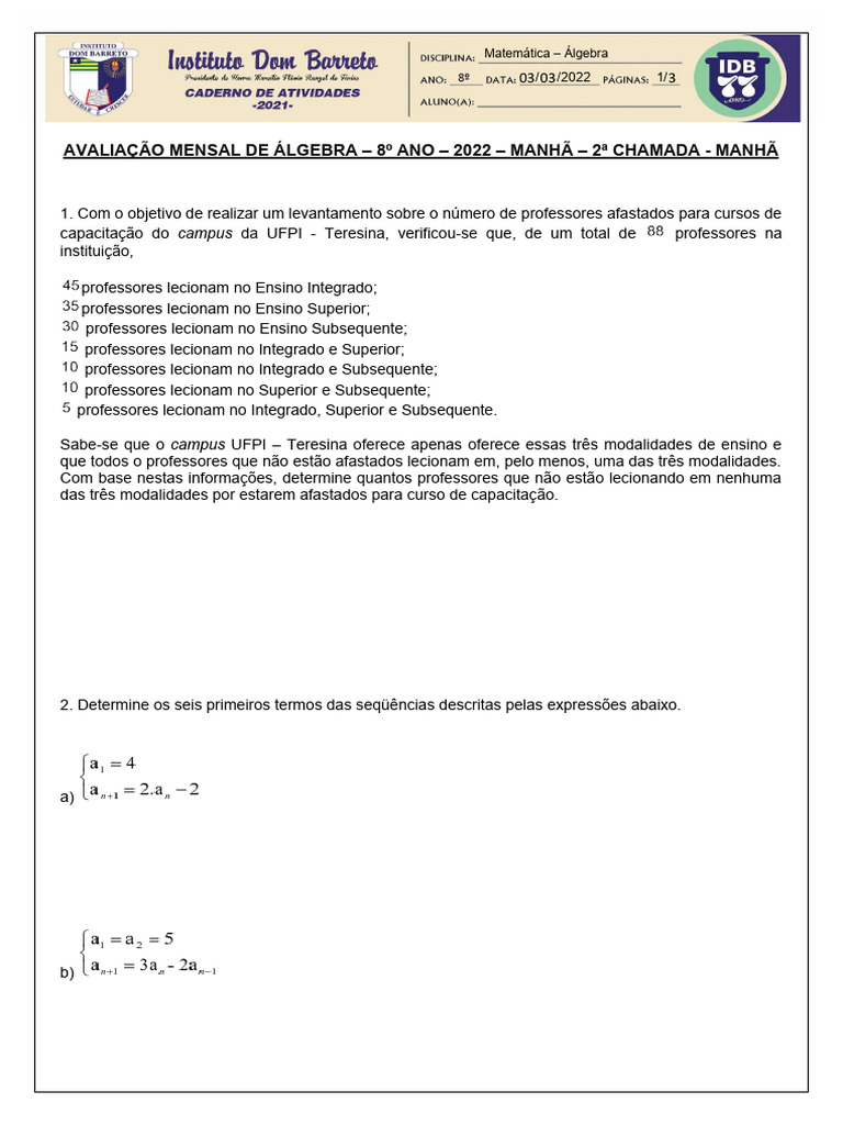 Avaliação Mensal de Álgebra - 8º Ano | PDF | Números | Objetos matemáticos