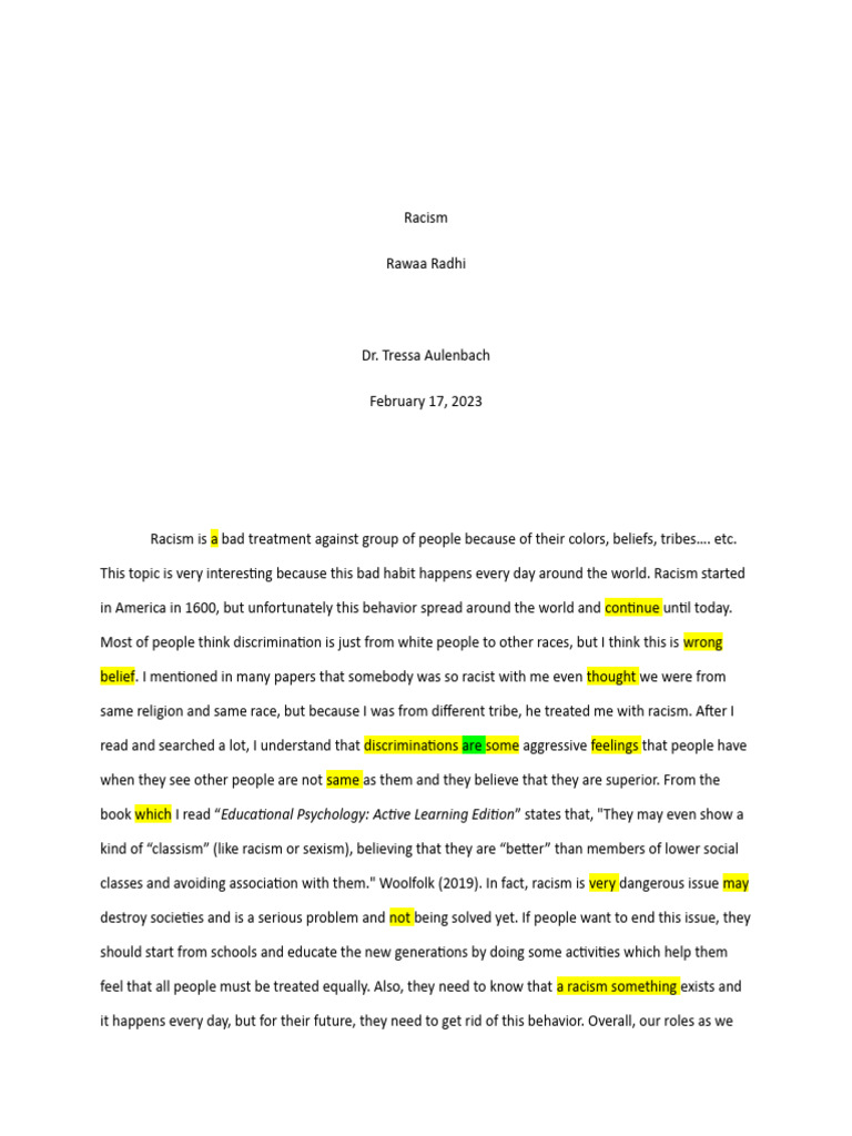 Essay About Racism With Highlights | PDF | Racism | Discrimination ...