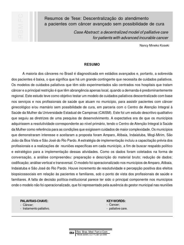 Resumos de Tese: Descentralização Do Atendimento A Pacientes Com Câncer ...