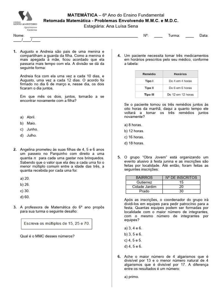 Retomada Matematica - 6º Ano - Problemas Envolvendo MMC e MDC | PDF | Lua | Sol