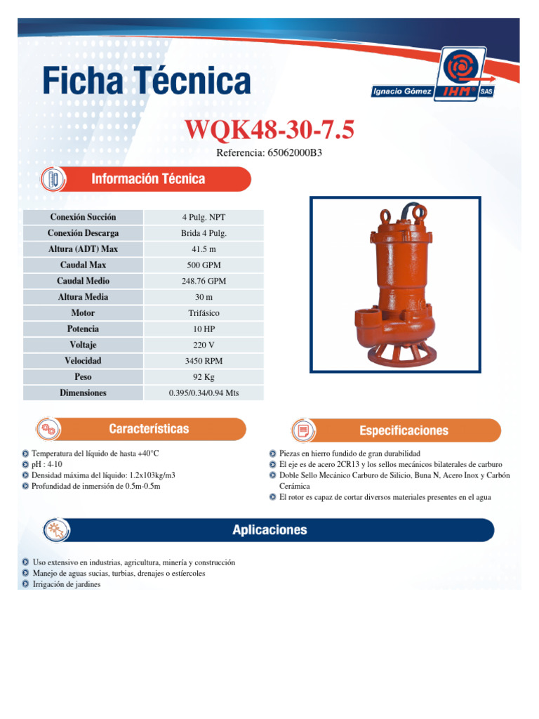 FichaTecnica Sumergibles WQK 65062000B3 | PDF