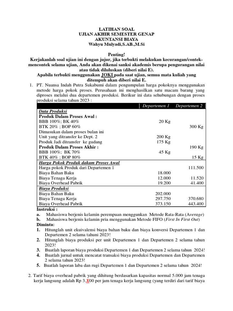 Latihan Soal UAS Semester Genap Akuntansi Biaya | PDF | Bisnis | Teknologi & Rekayasa