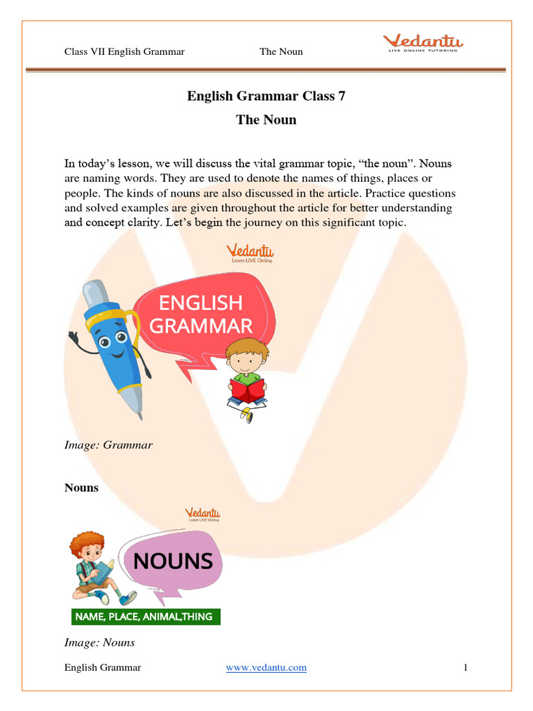 English Grammar for Class 7 the Noun Syllabus, Practise Questions and ...