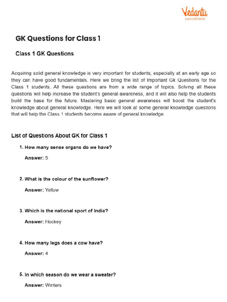 GK Questions For Class 1 | PDF