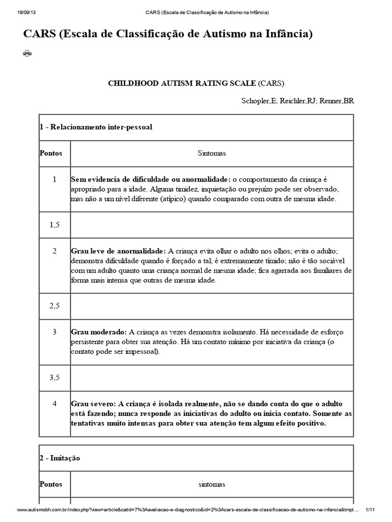 CARS (Escala de Classificação de Autismo Na Infância) | PDF | Espectro ...