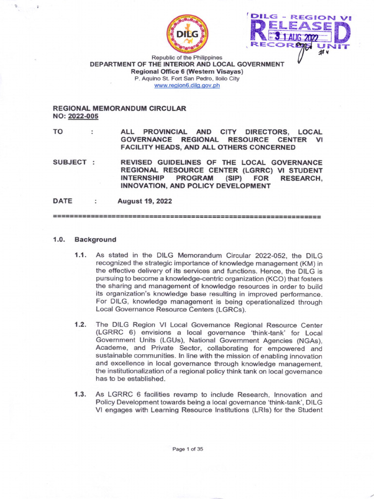 RMC 2022-005 - Revised Guidelines of The LGRRC VI Student Internship ...