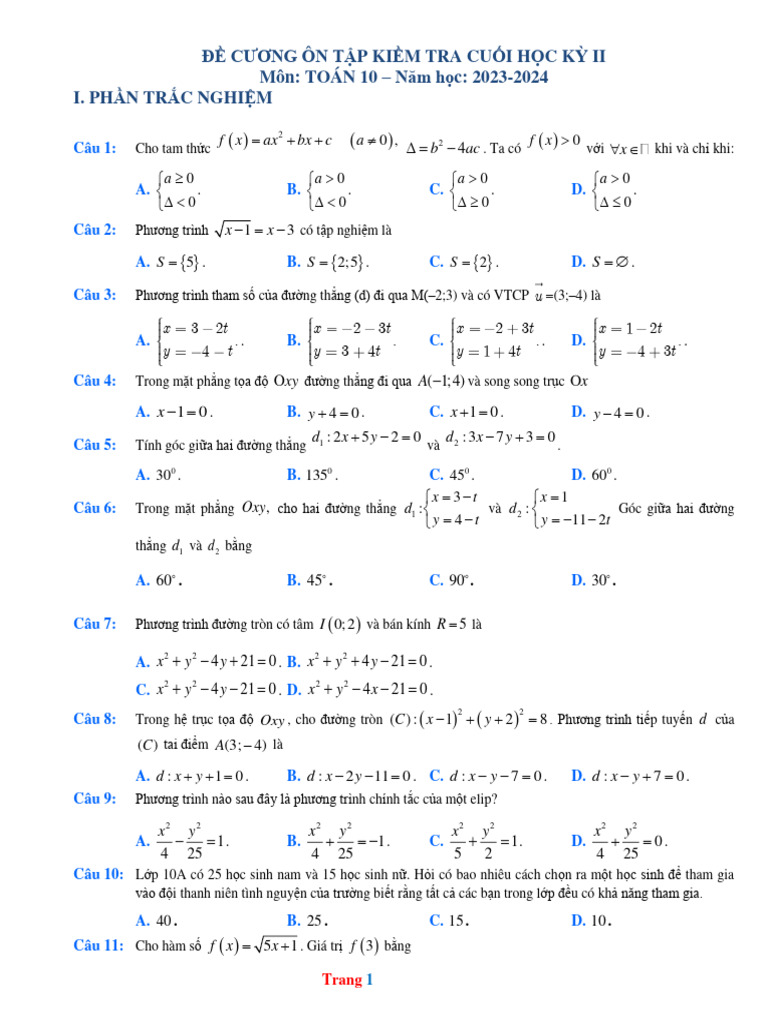 De Cuong On Tap Toan 10 HK2 2023 2024 | PDF