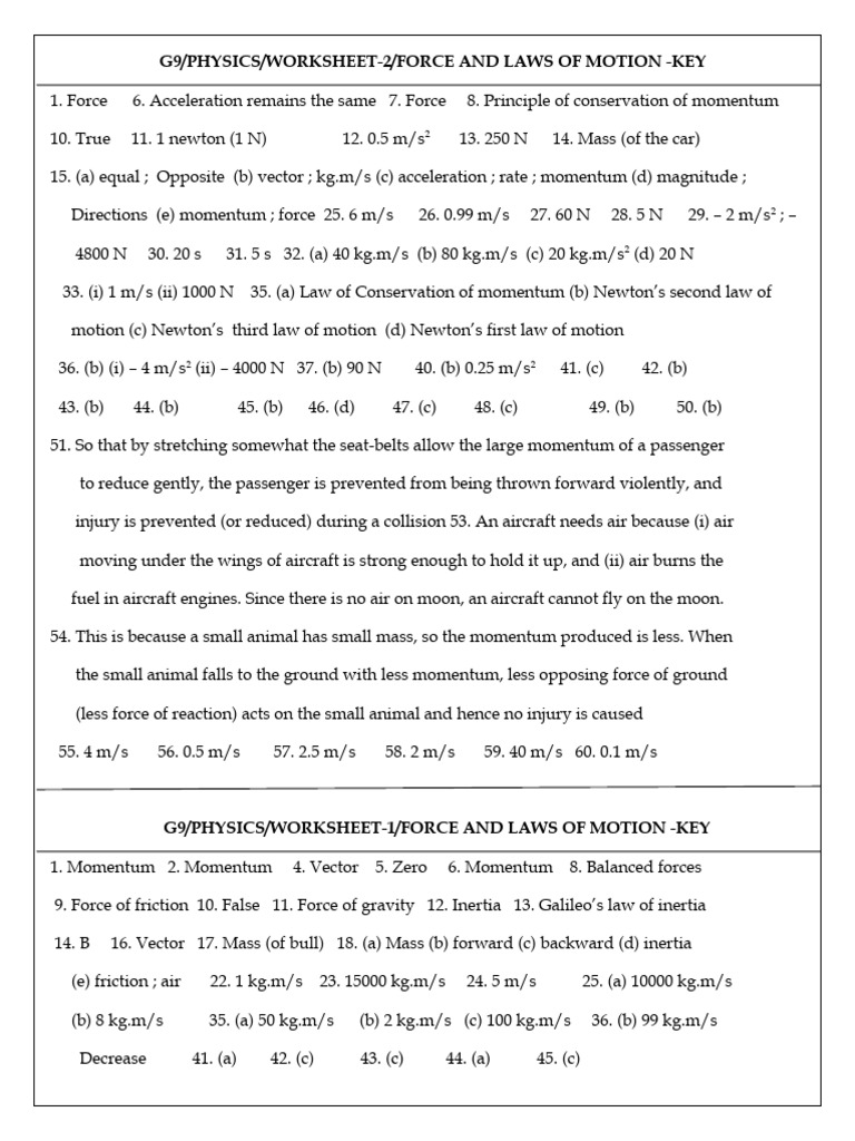 Grade 9 forces and laws motion worksheet 2 answer key | Download Free ...