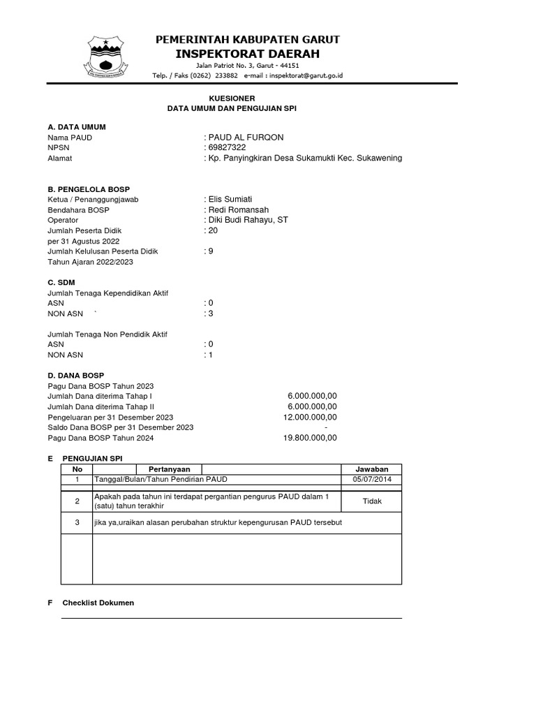 Kuesioner Evaluasi BOSP PAUD Alfurqon | PDF