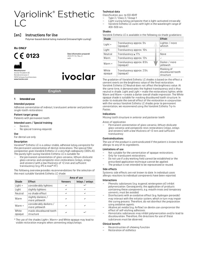 Variolink LC - WW - GI MDR - Web - Rev0 | PDF | Dentistry | Tooth