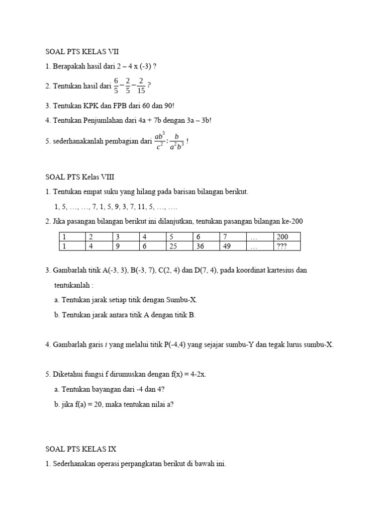 Soal PTS Matematika Kelas VII-IX | PDF