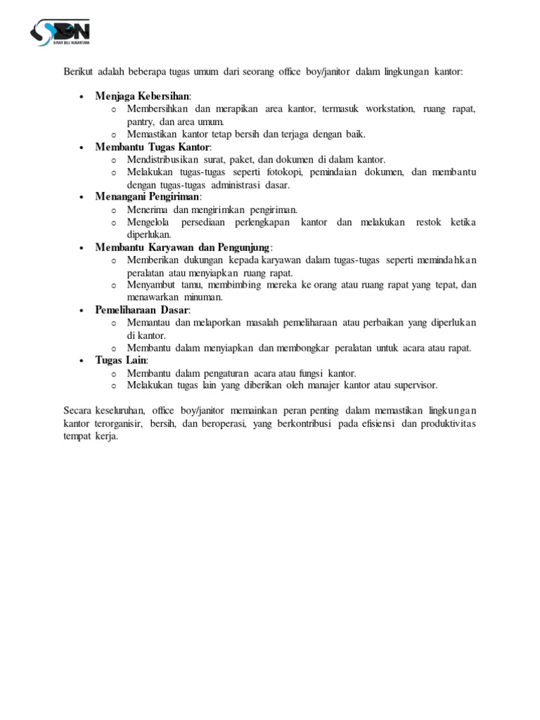 Berikut Adalah Beberapa Tugas Umum Dari Seorang Office Boy | PDF | Karier & Perkembangan
