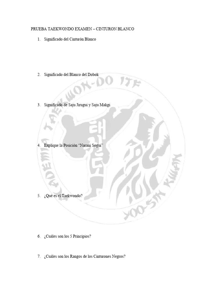 Prueba Teorica Examen Taekwon-Do | Descargar gratis PDF | Taekwondo | Corea