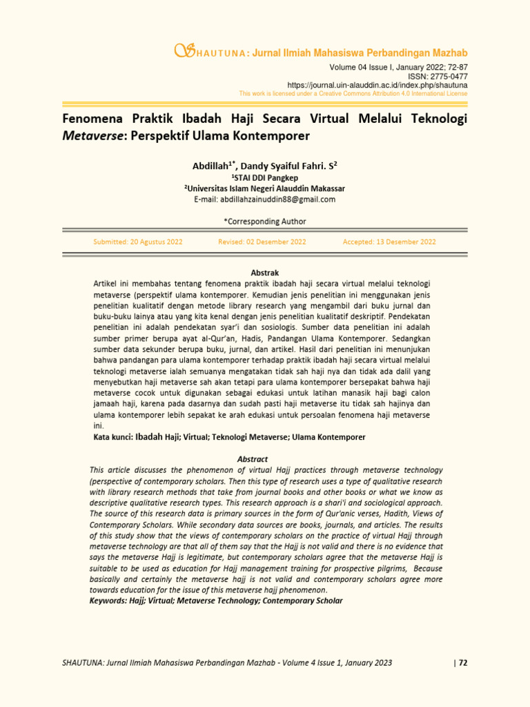 Fenomena Praktik Ibadah Haji Secara Virtual Melalui Teknologi Metaverse Perspektif Ulama ...
