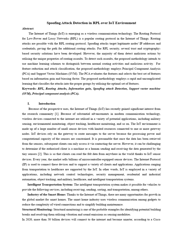 Spoofing Attack Detection in RPL Over IoT Environmen1 | PDF | Internet Of Things | Computer Network
