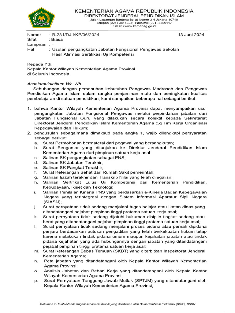 Surat Pendis Ke Kanwil TTG Pengusulan JF Pengawas Hasil Afirmasi | PDF