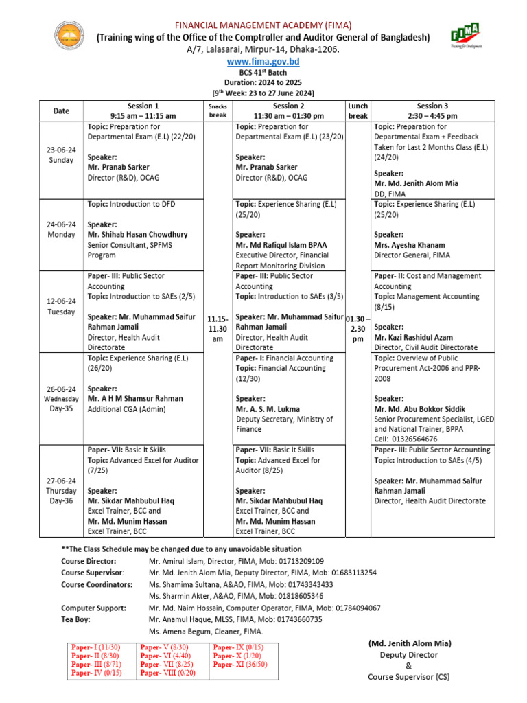 AAG Class Routine (9th Week) | PDF | Accounting | Bangladesh