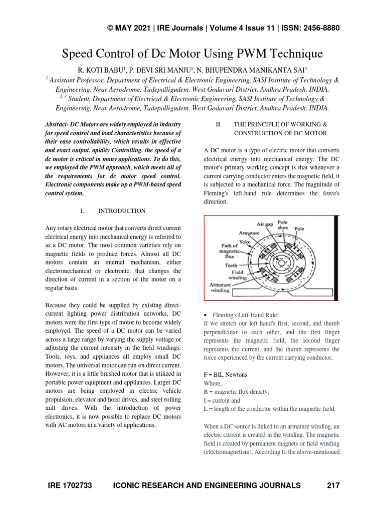 Speed Control Of Dc Motor Using Pwm Technique © May 2021 Ire Journals Volume 4 Issue 11