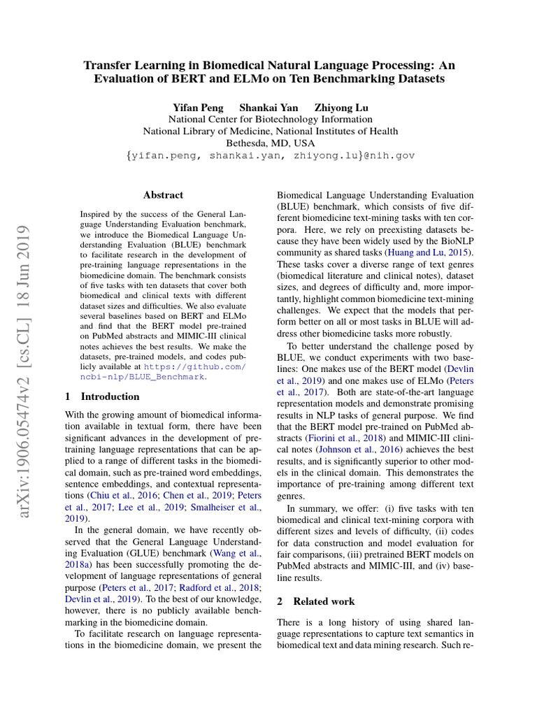 Transfer Learning in Biomedical Natural Language Processing: An ...