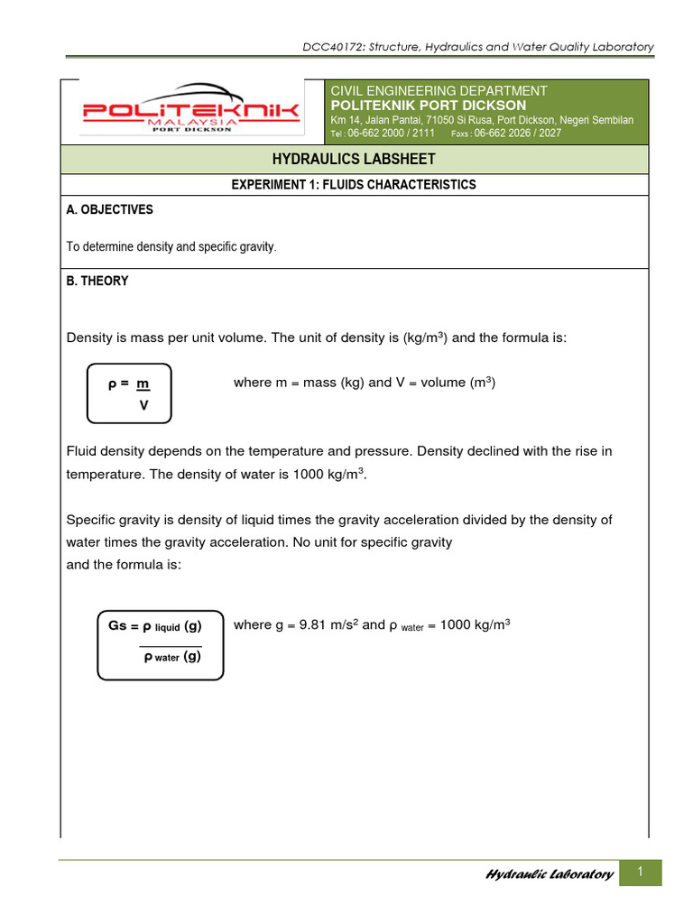 Exp 1 - Fluid Characteristics | PDF | Density | Buoyancy