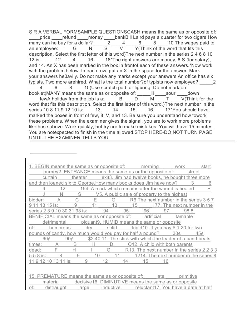SRA Verbal Form Answer Key | PDF