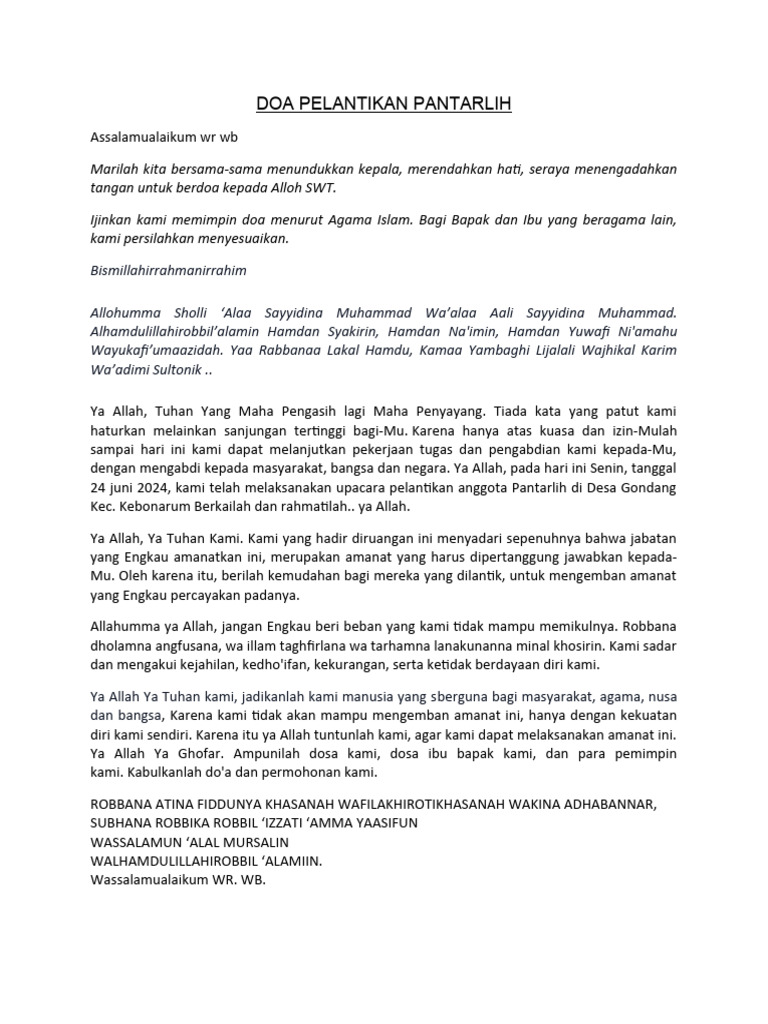 Doa Pelantikan Pantarlih | PDF