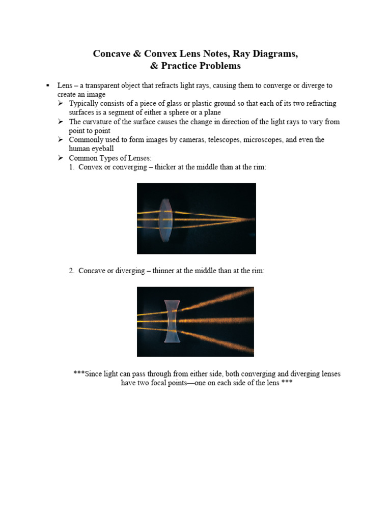Concave & Convex Lens Notes, Ray Diagrams, & Practice Problems | PDF ...