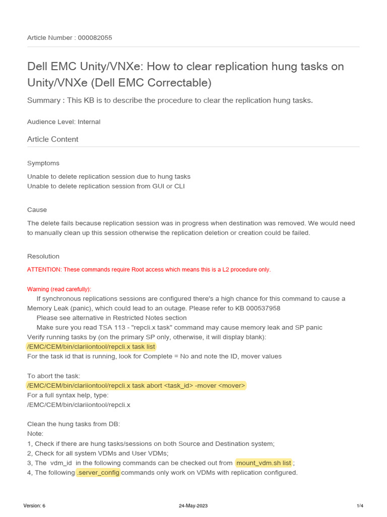 Article+Number 000082055 Dell+EMC+Unity VNXe+How+to+clear+replication+hung+tasks+on | PDF ...