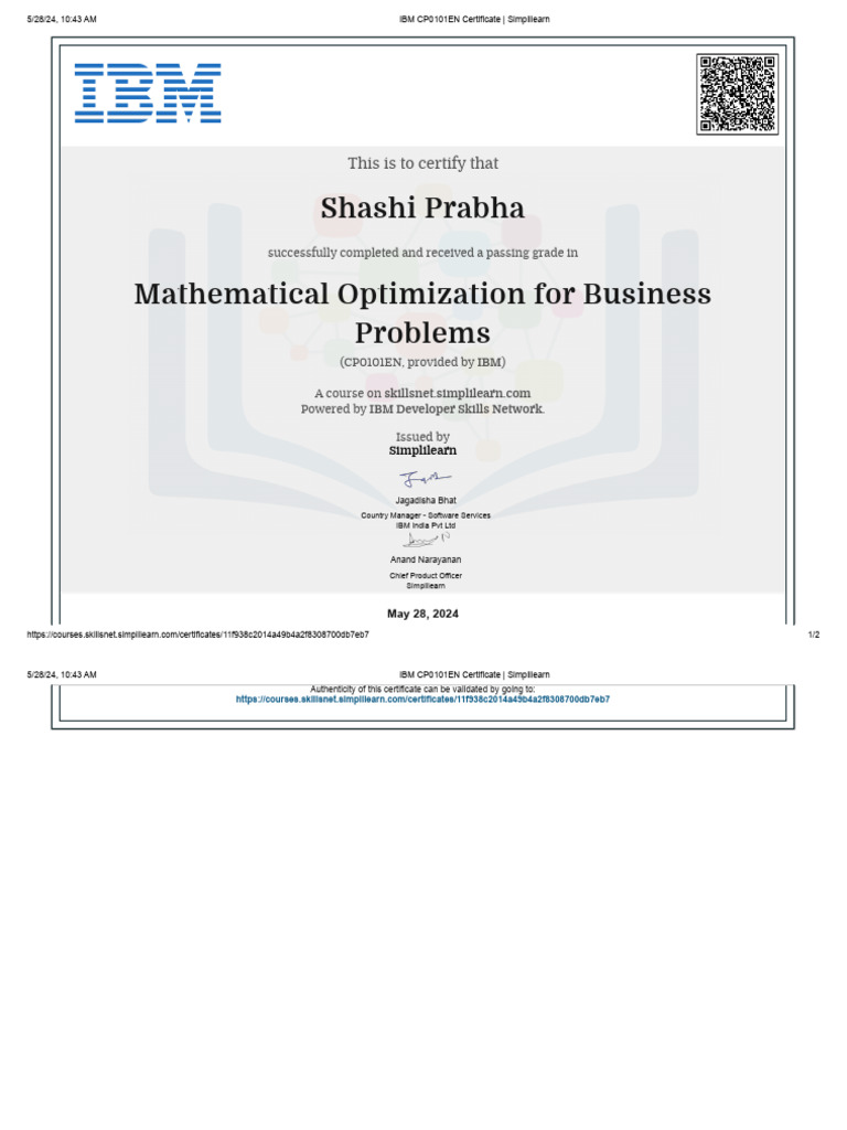 IBM CP0101EN Certificate - Simplilearn | PDF | Computing