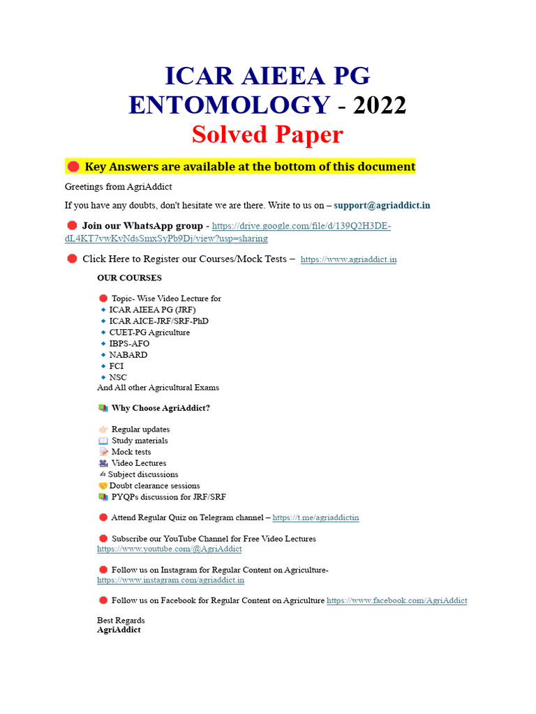Icar Aieea PG Entomology: Solved Paper | PDF