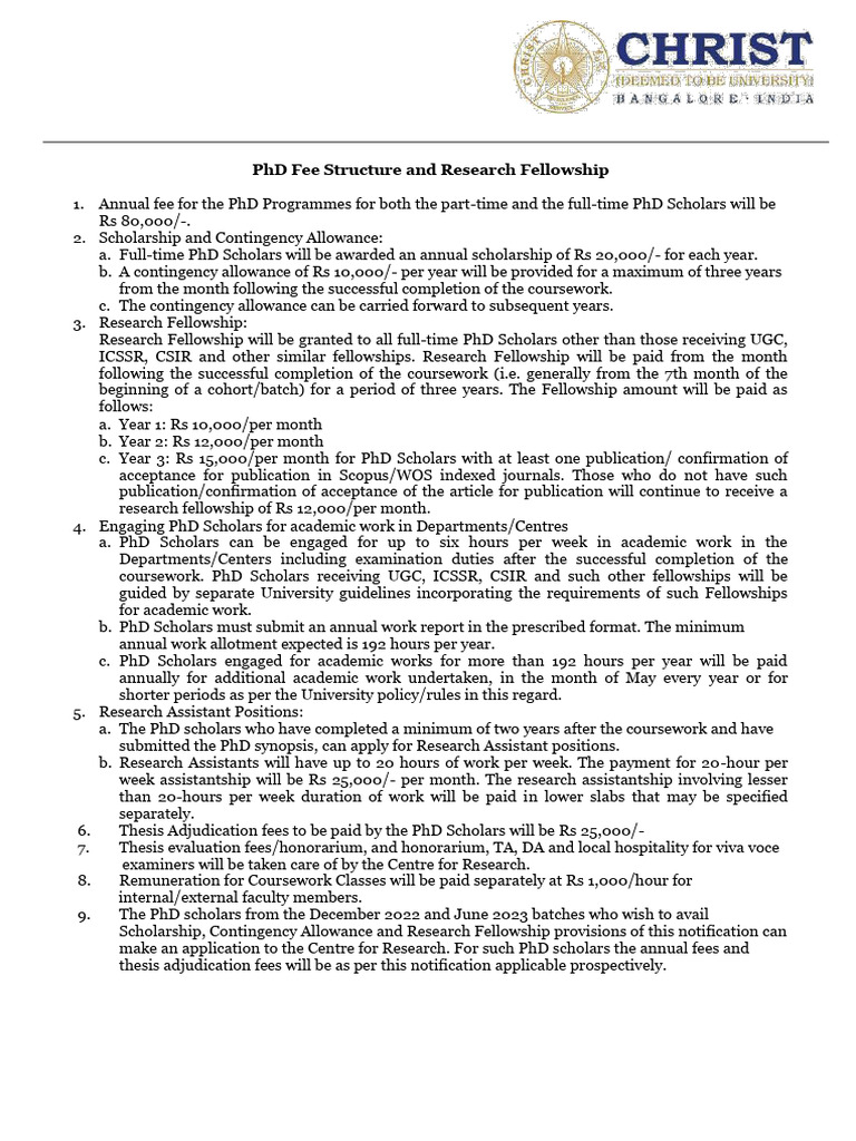 CU-PhD Fee Structure and Fellowship Scheme - December 2023 Cohort - 20230927104022 | PDF ...