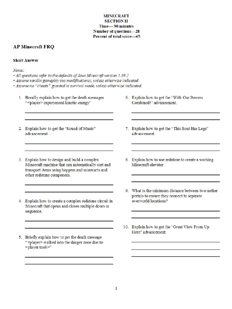 AP Minecraft Exam Section II | PDF