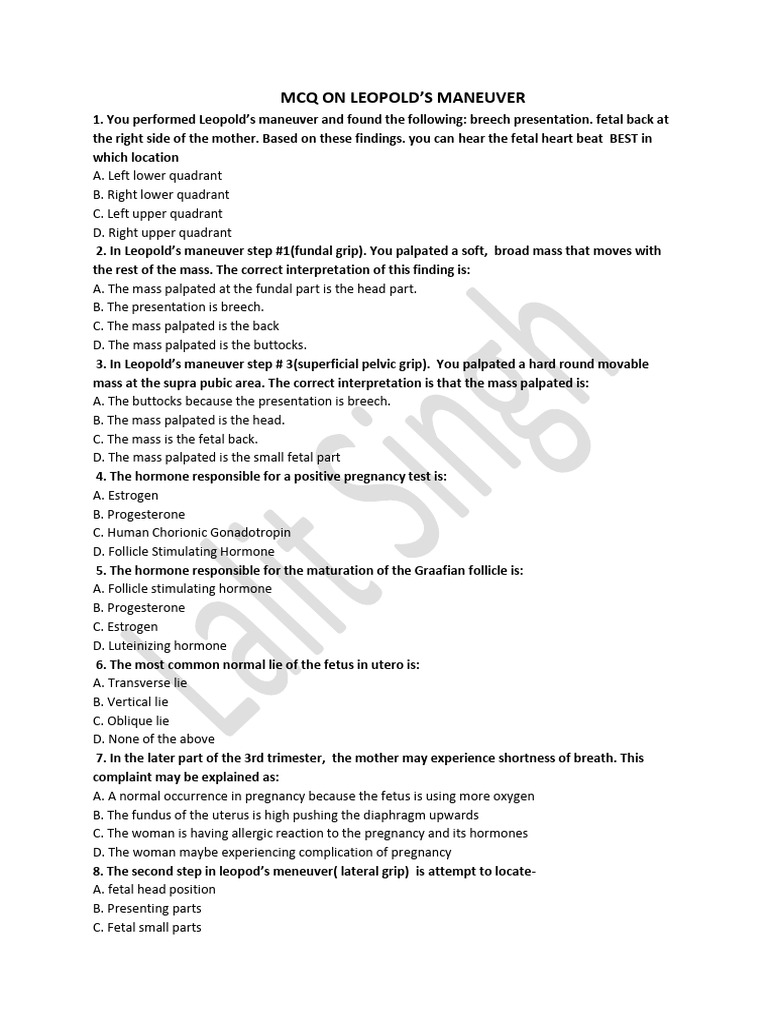 MCQ ON Leopold's Maneuvers | PDF | Human Reproduction | Human Pregnancy