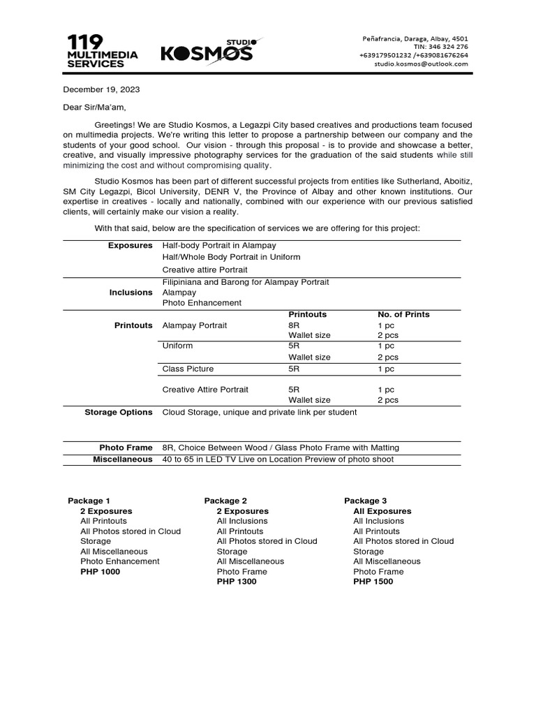 Studio Kosmos BU Letter of Intent Proposal for Graduation Photos and Yearbook 2023 2024 ...