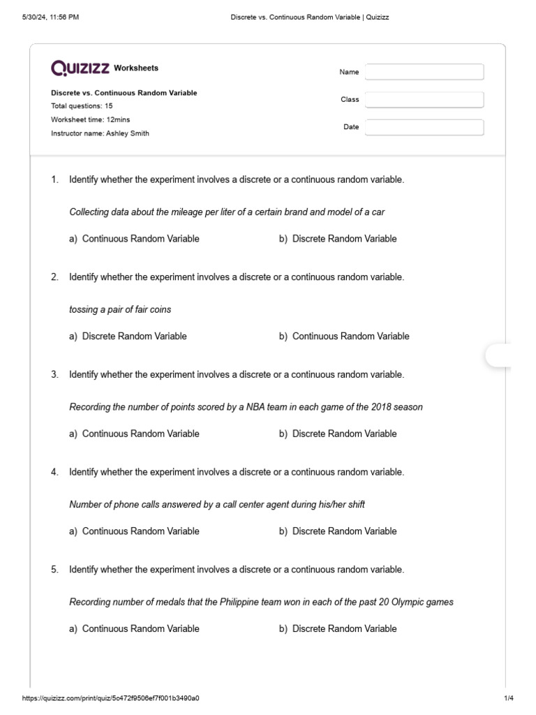 Discrete vs. Continuous Variables Worksheet | PDF | Probability ...