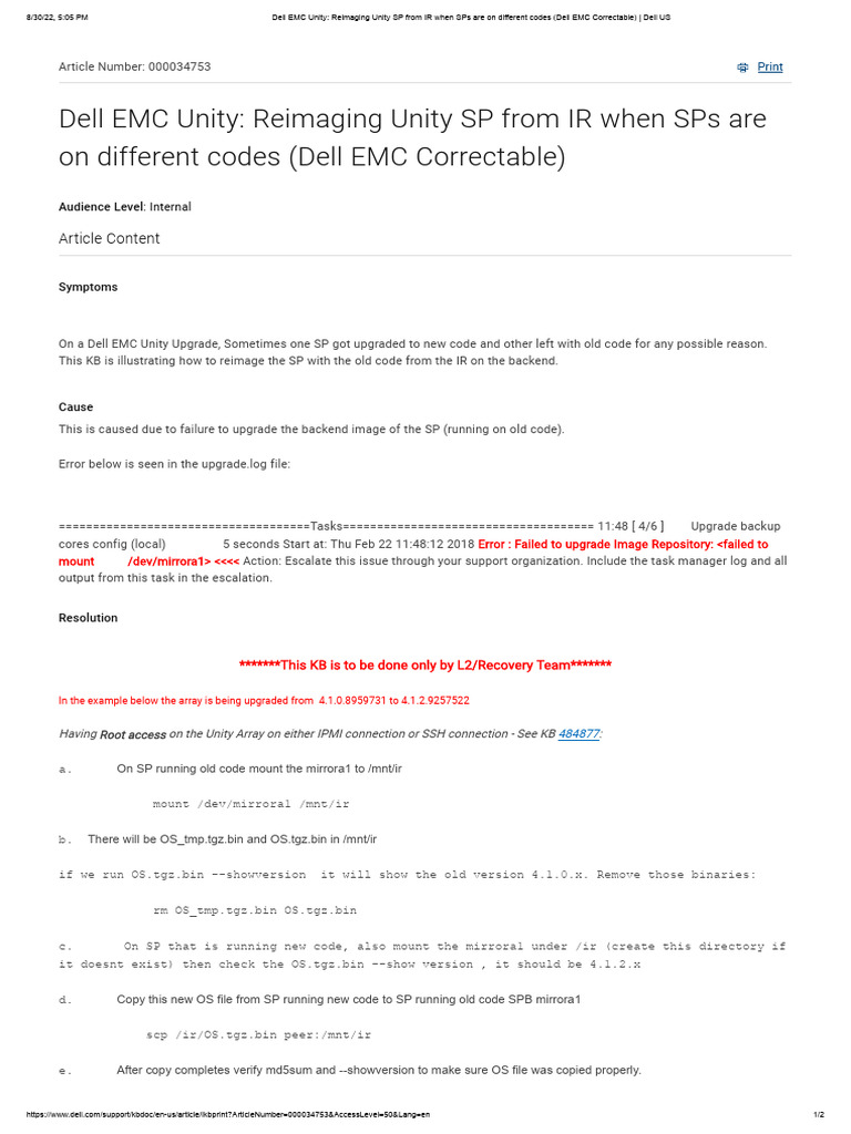 Dell EMC Unity - Reimaging Unity SP From IR When SPs Are On Different Codes (Dell EMC ...