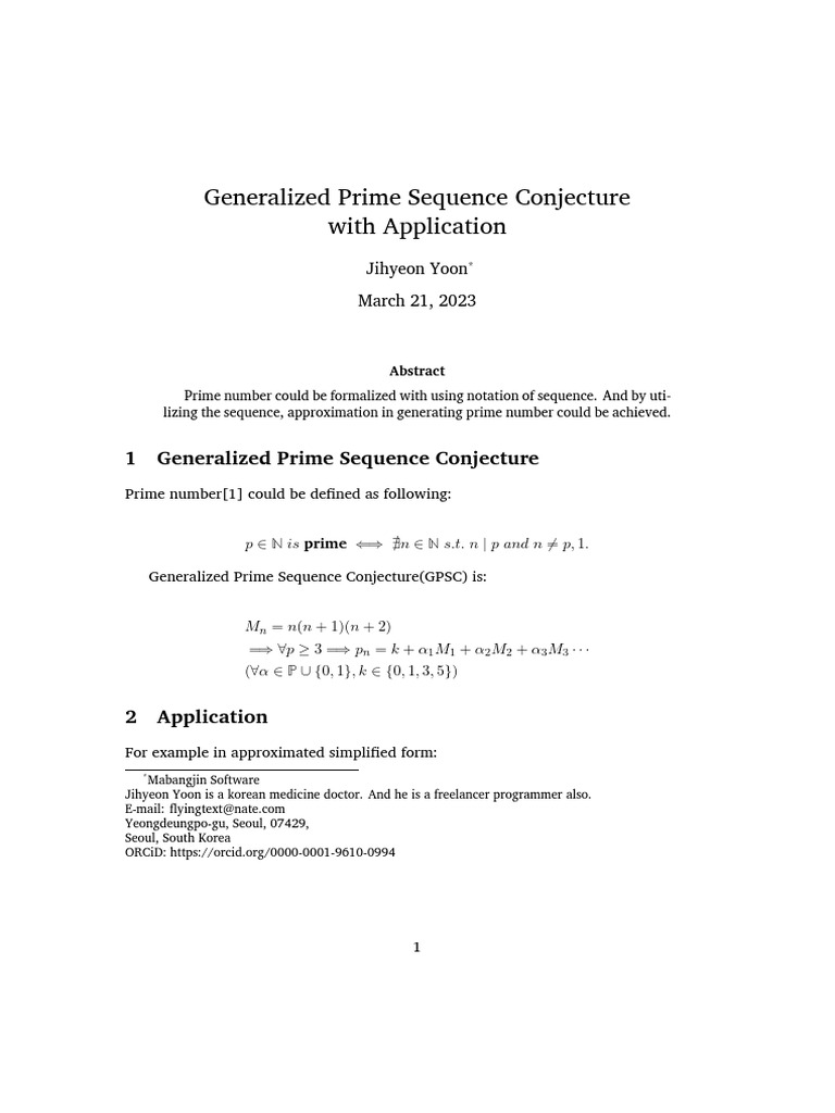 Generalized Prime Sequence Conjecture With Application [Jihyeon Yoon ...