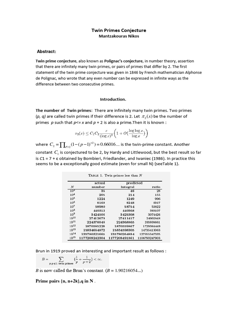 Twin Primes Conjecture (Mantzakouras Nikos) (Typeset - Io) | PDF | Prime Number | Numbers