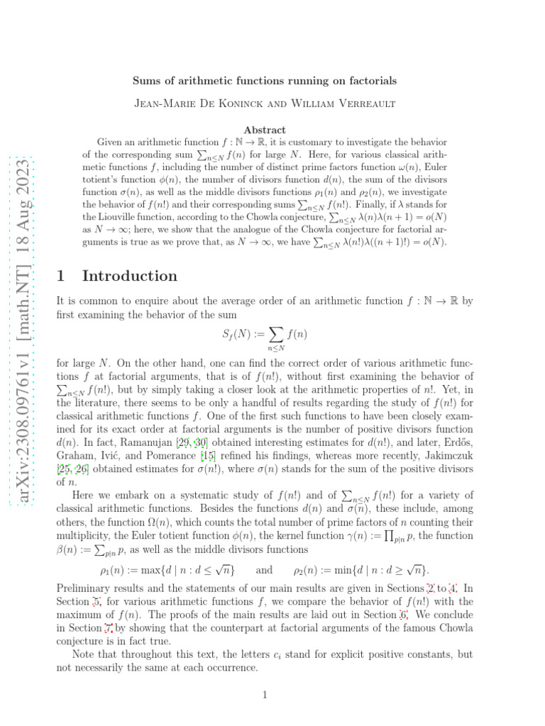 Sums of Arithmetic Functions Running On Factorials (Jean-Marie de ...